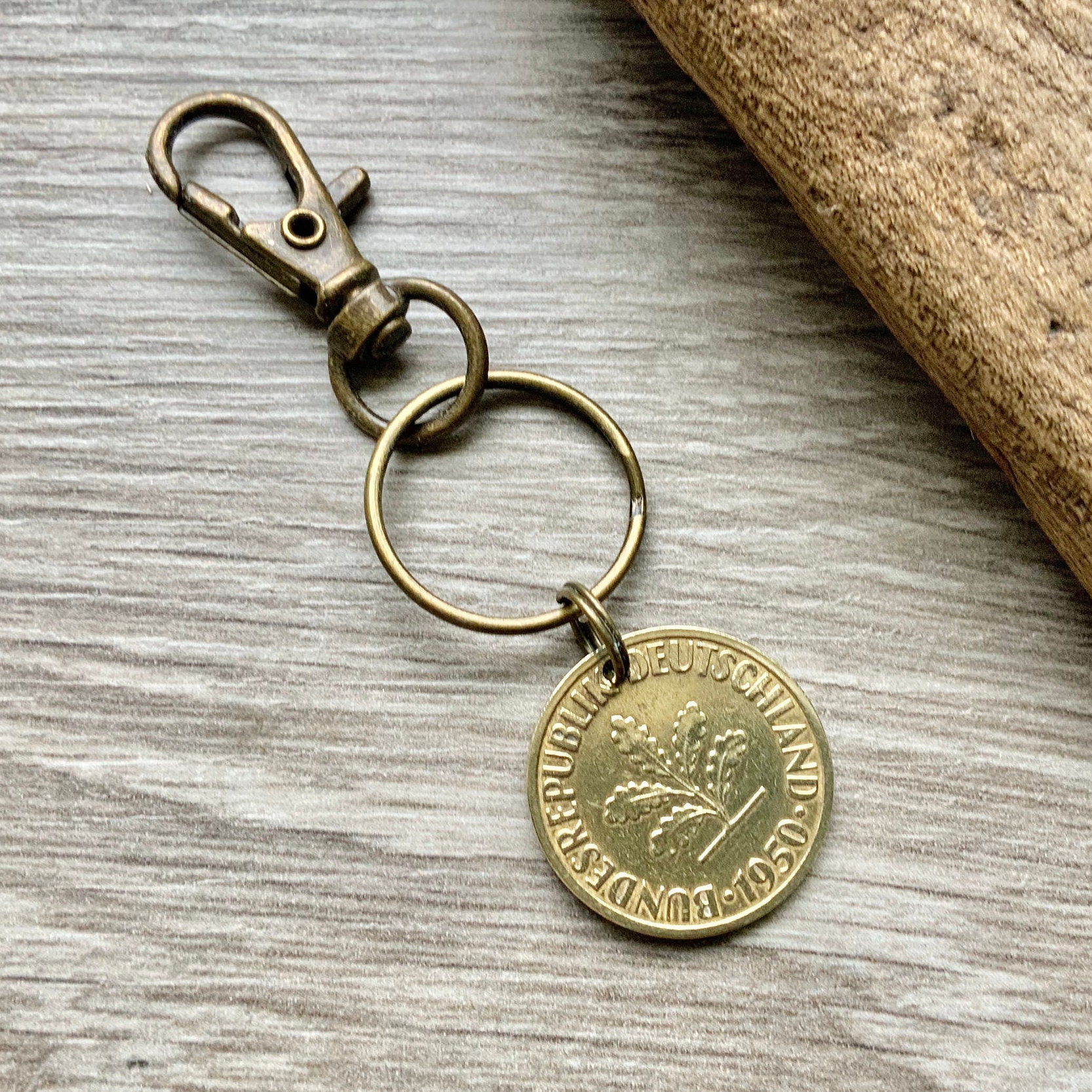 1949 or 1950 German coin keyring or clip, 10 pfennig keychain