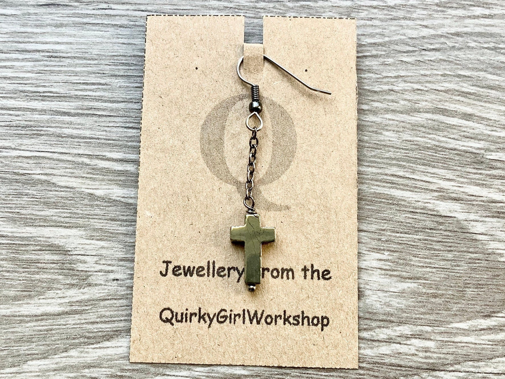 Iron pyrite cross dangle earring, long gemstone earrings, available as ...