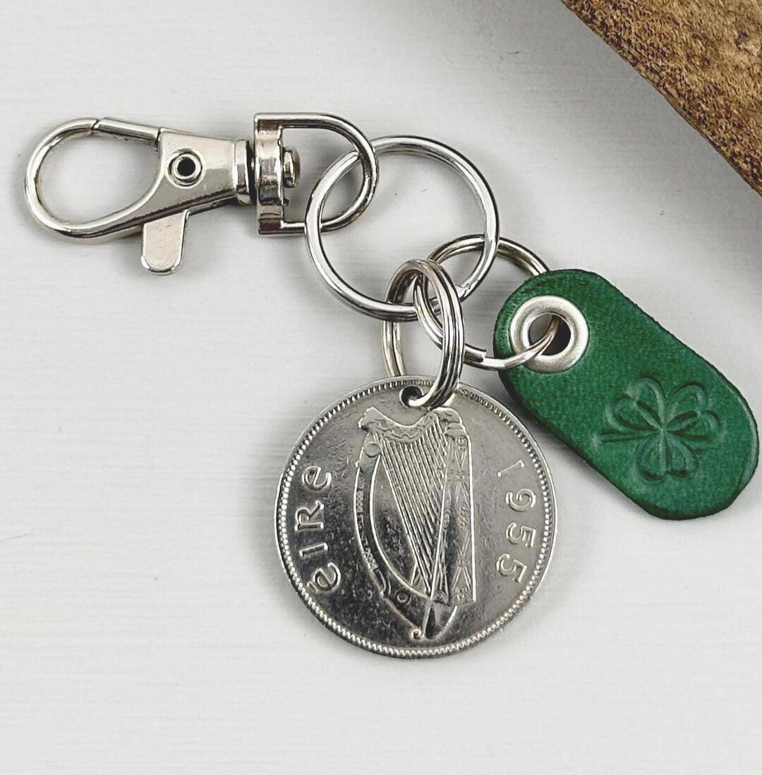 1955 Irish Florin With a Green Shamrock Key Chain, Ireland Coin Key ...
