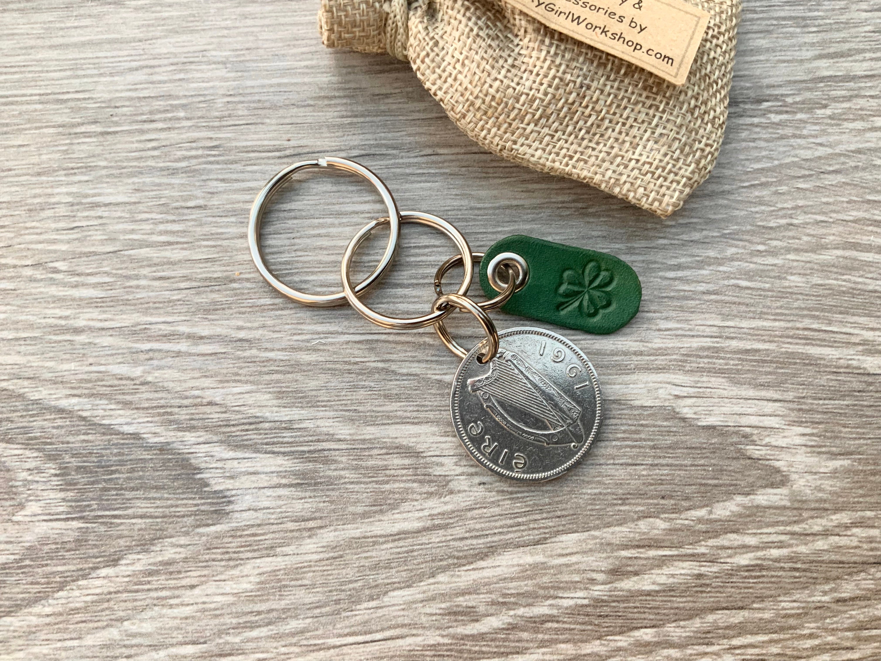 1961 Irish Florin with a green shamrock key chain, Ireland coin key ...
