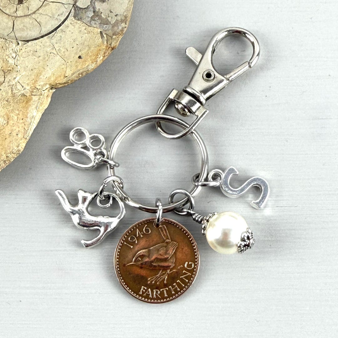 80th Birthday Cat Lover Gift, 1946 Wren Farthing Charm - Initial ...