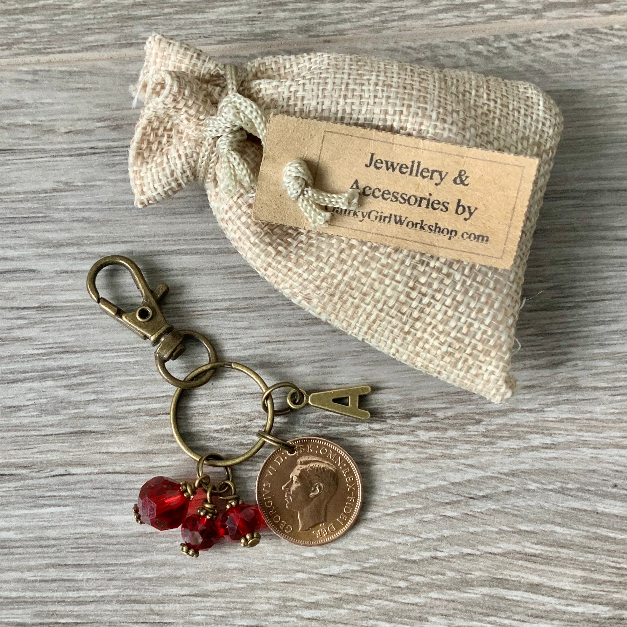 Farthing and ruby red charm bag clip, choose initial and coin year 1937 ...