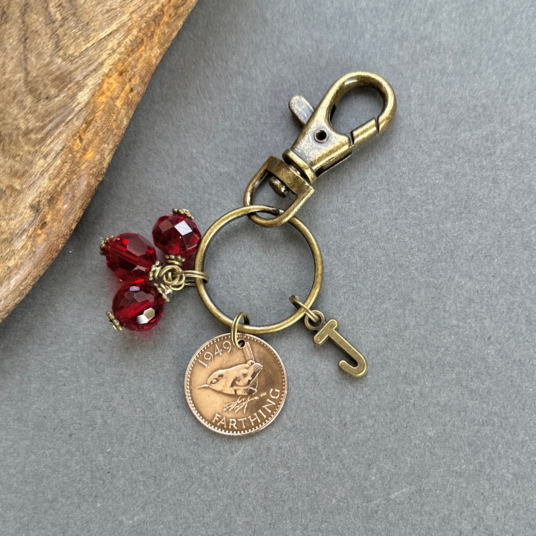 Farthing and ruby red charm bag clip, choose initial and coin year 1937 ...
