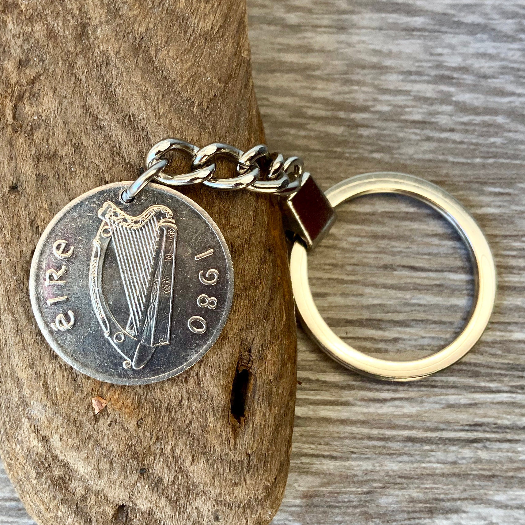 1980 Irish five pence coin keyring, Keychain or clip, 45th birthday or ...