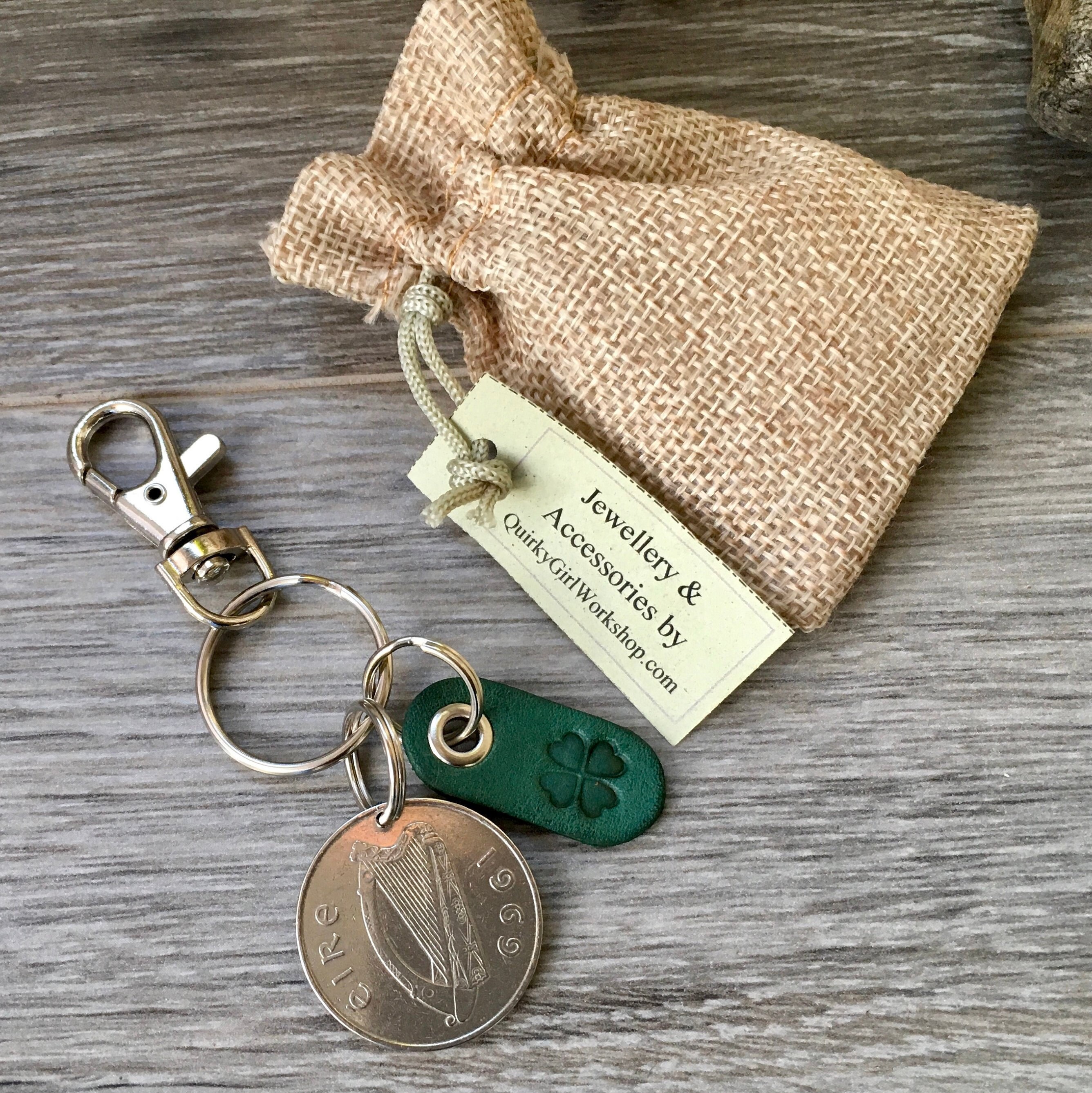 Ireland coin keychain, keyring or clip with a shamrock leather tag ...