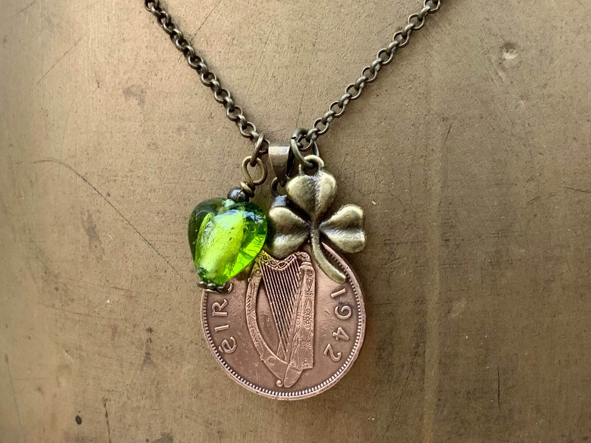 1942 Irish Old Half Penny Coin And Shamrock Necklace Antique Style 1942 Irish Old Half Penny Coin And Shamrock Necklace Antique Style