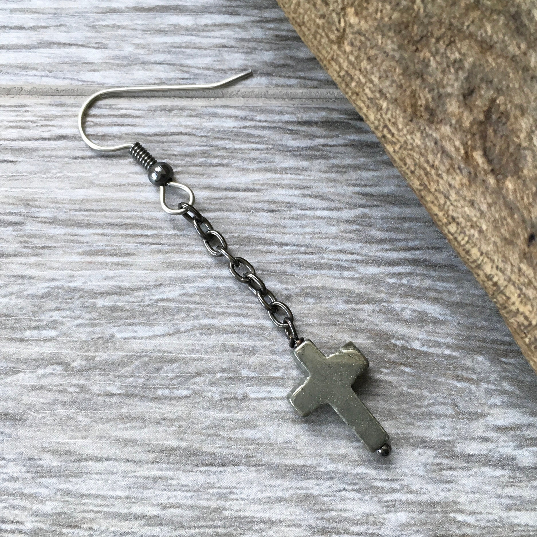 Iron pyrite cross dangle earring, long gemstone earrings, available as ...