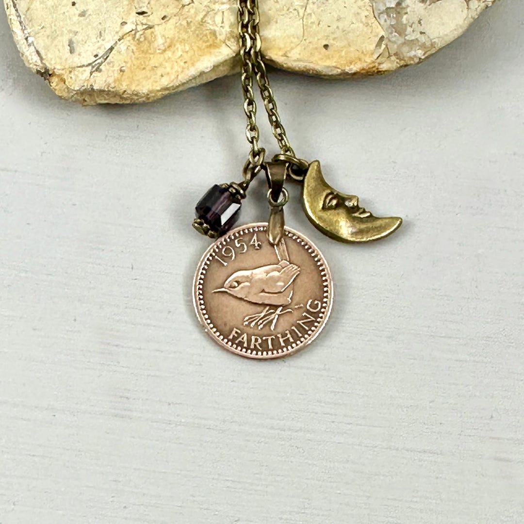 Wren Farthing Coin Necklace: British Coin Jewelry, Moon Charm - Etsy UK