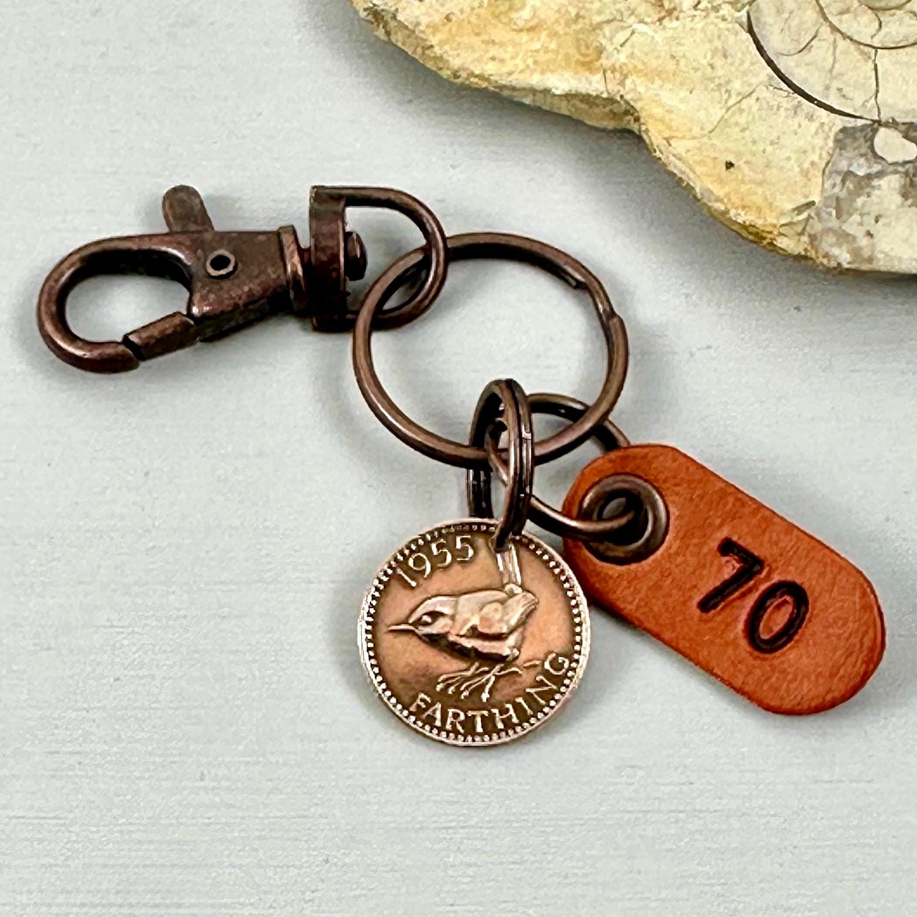 70th birthday gift 1955 British farthing Key ring clip, English wren ...