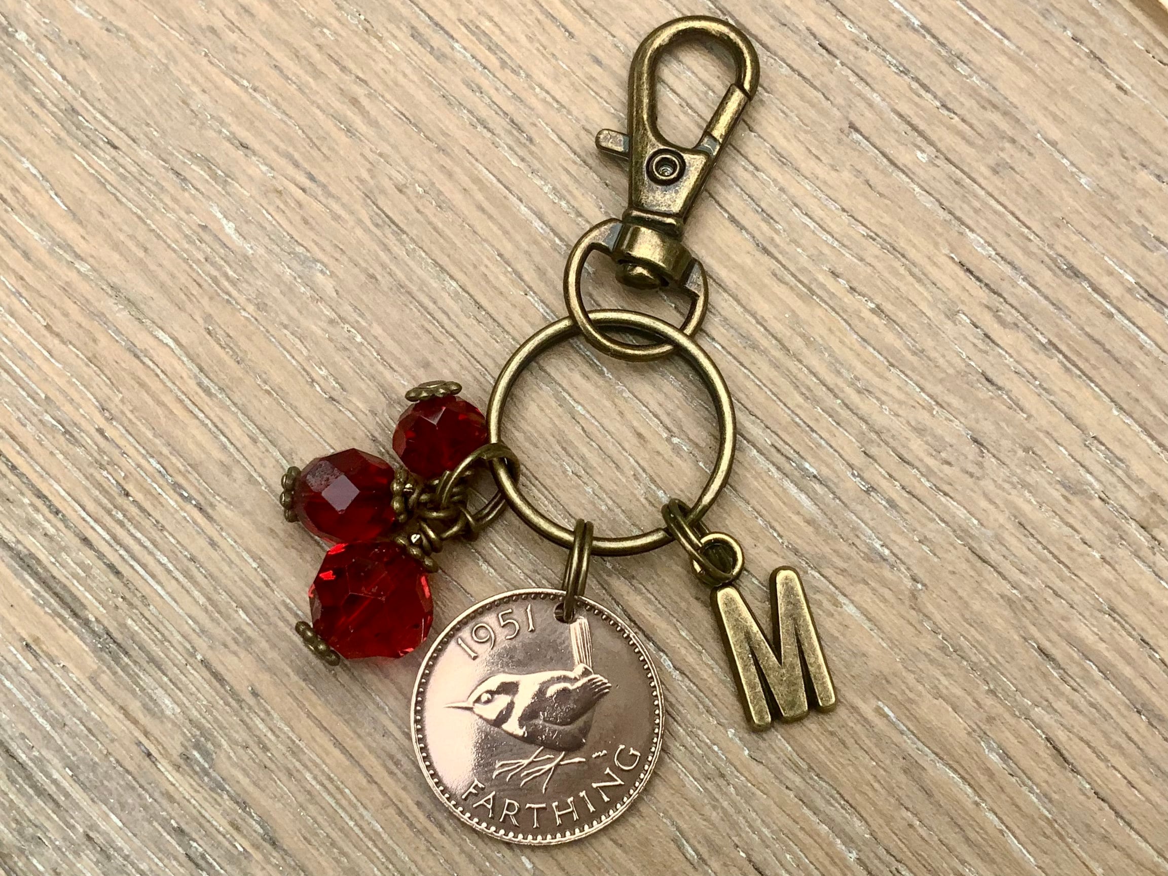 Farthing and ruby red charm bag clip, choose initial and coin year 1937 ...