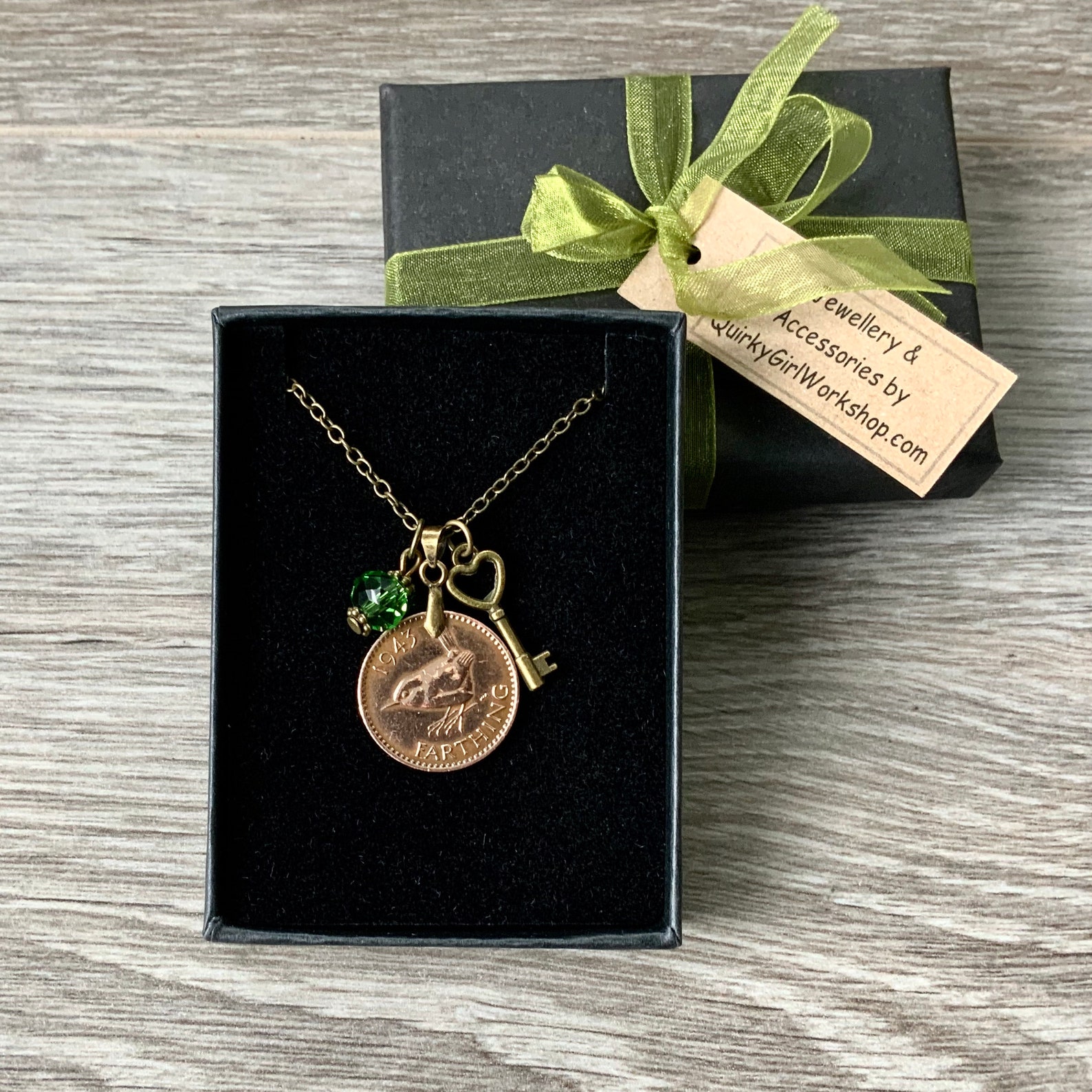 1943 Wren Farthing Necklace, British Coin Jewellery, Green Cut Glass ...