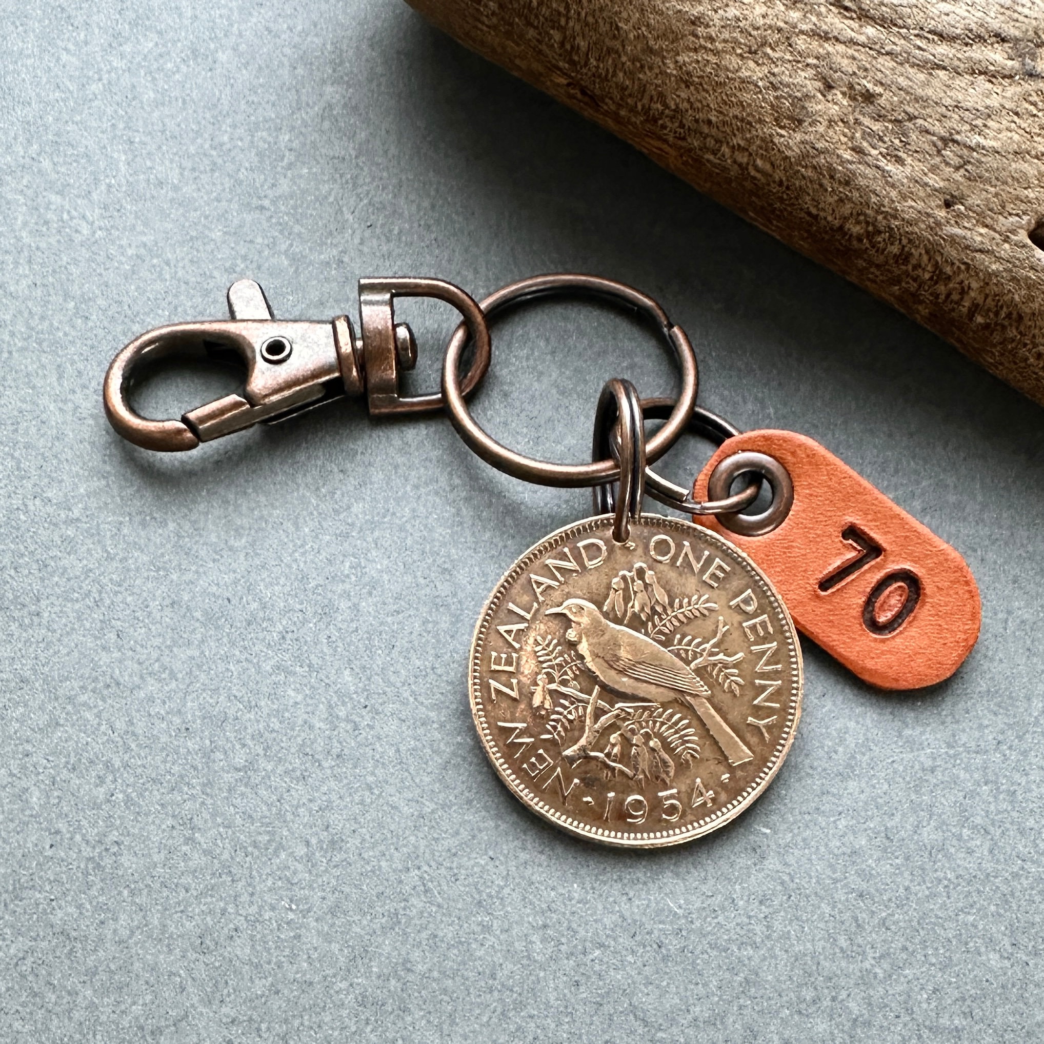 70th birthday gift, 1954 New Zealand penny keychain, Key ring or clip ...