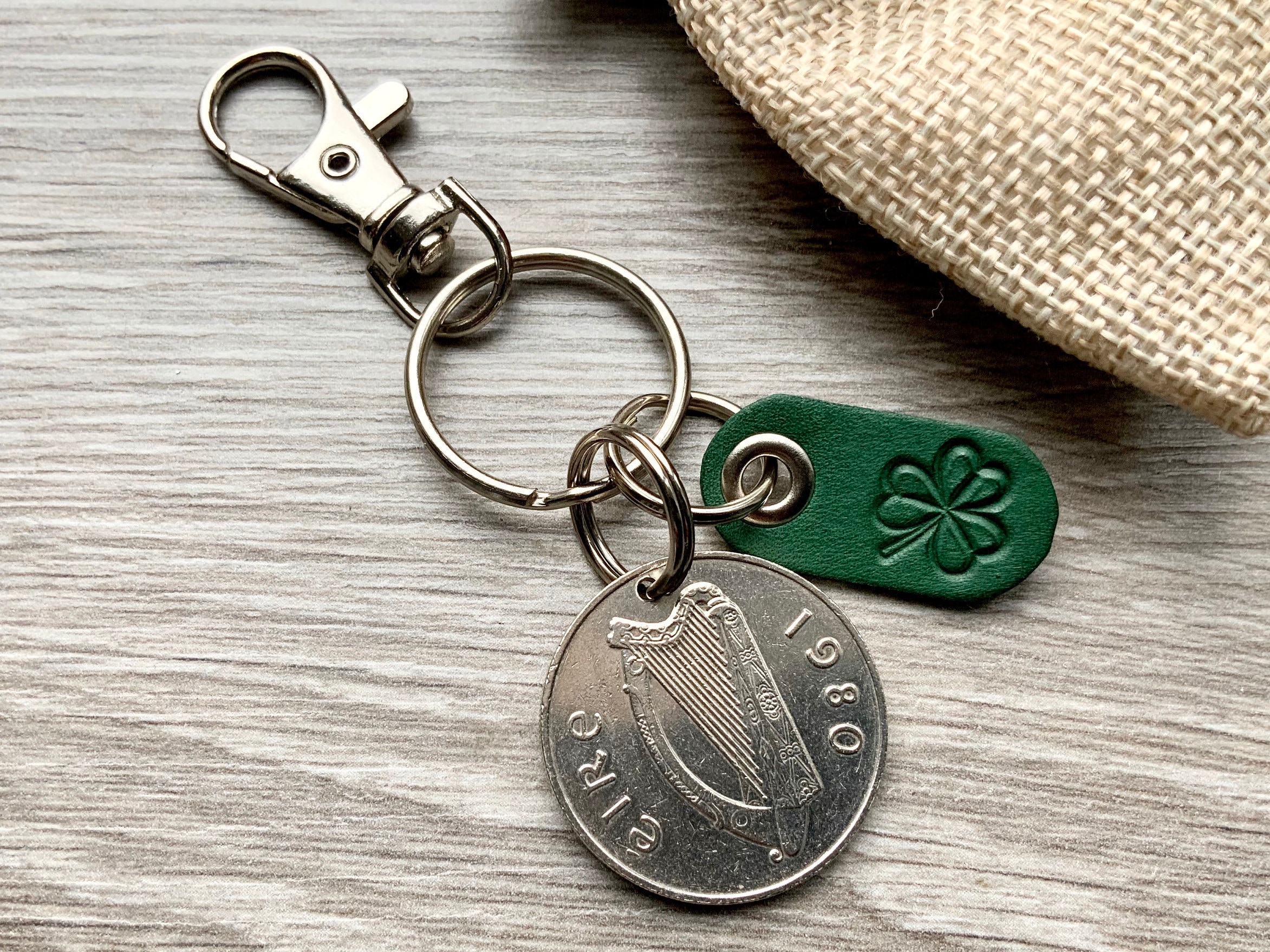 Ireland coin keychain, keyring or clip with a shamrock leather tag ...