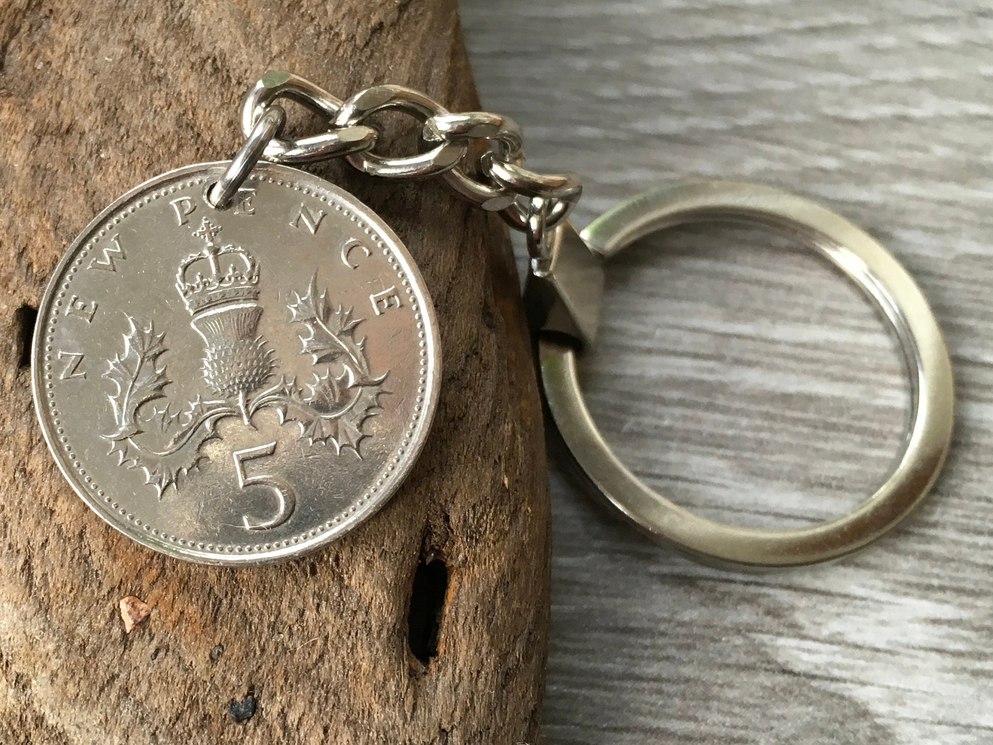 British five pence coin keychain, Scottish thistle keyring, 1979 or ...