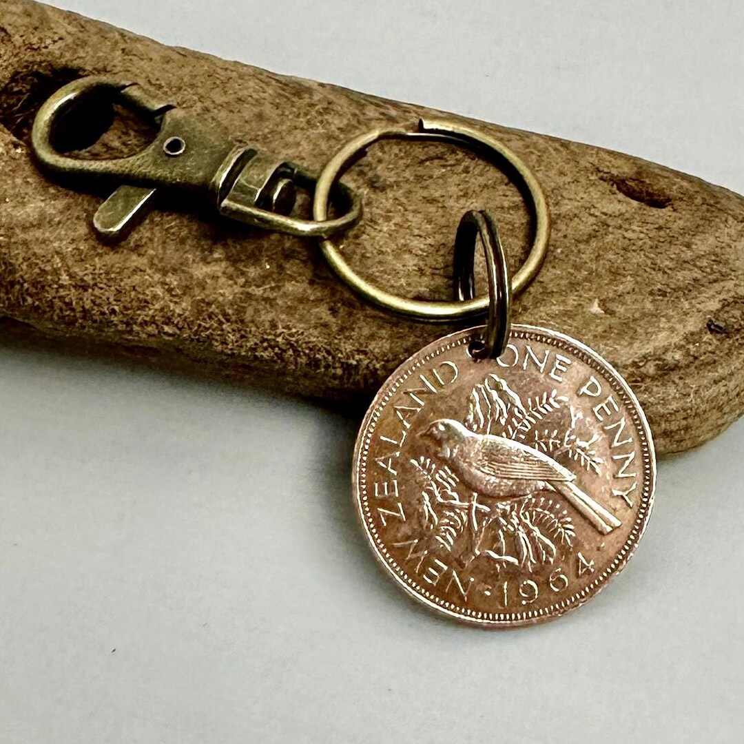 1964 New Zealand Penny Clip Style Keyring, Keychain, NZ Tui Bird Coin a ...