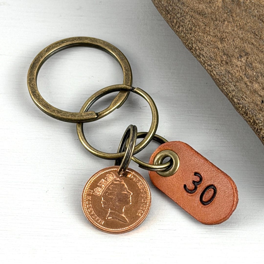 30th Anniversary Keyring: 1996 British Penny, Leather 30 Tag - Etsy