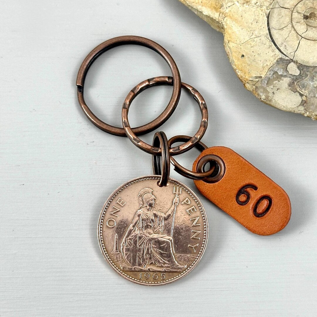 60th Birthday Gift: 1965 British Penny & Leather Tag Keyring - Etsy