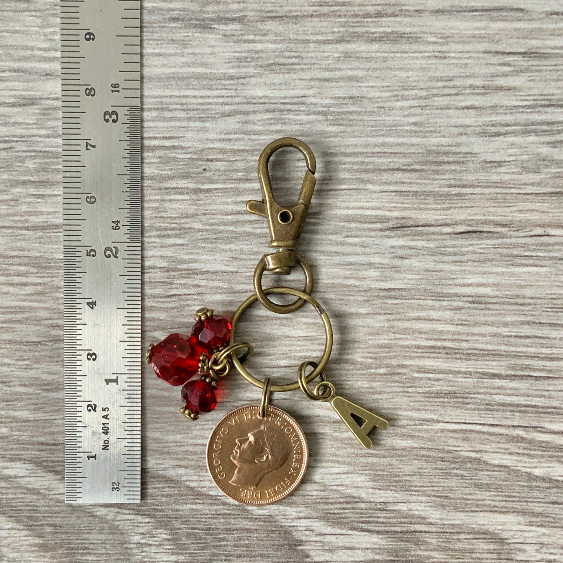 Farthing and ruby red charm bag clip, choose initial and coin year 1937 ...