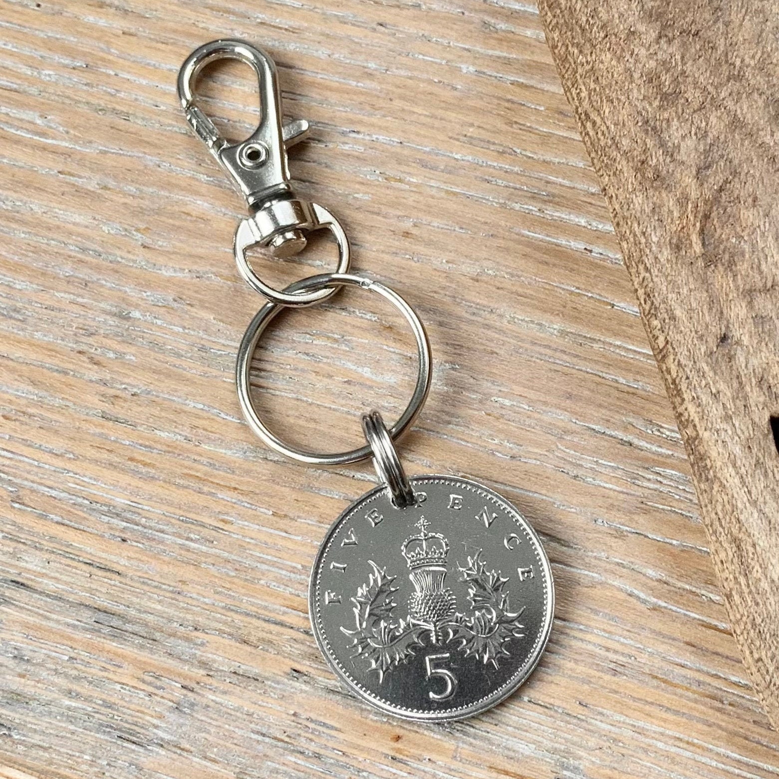 British five pence coin keychain, Scottish thistle keyring, 1979 or ...