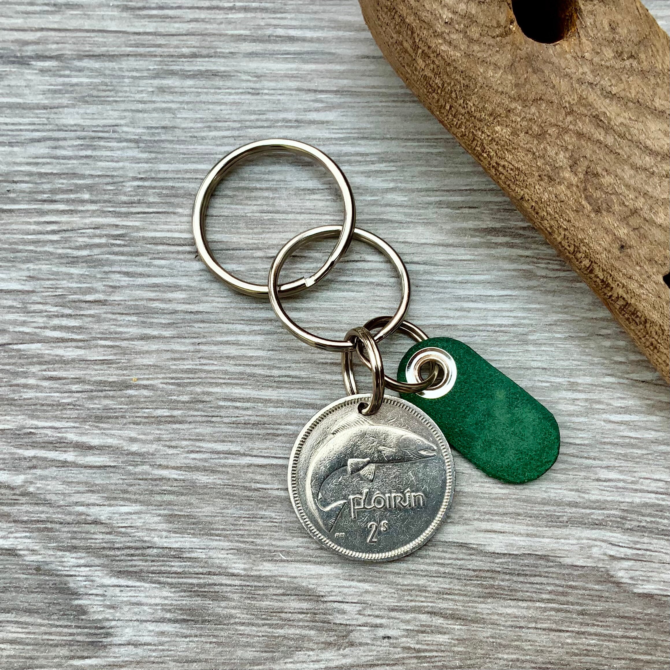 1961 Irish Florin with a green shamrock key chain, Ireland coin key ...