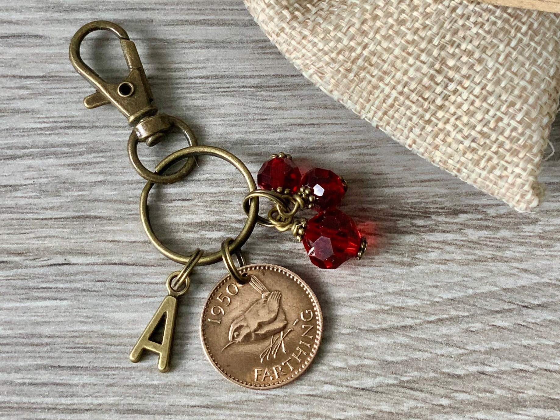 Farthing and ruby red charm bag clip, choose initial and coin year 1937 ...
