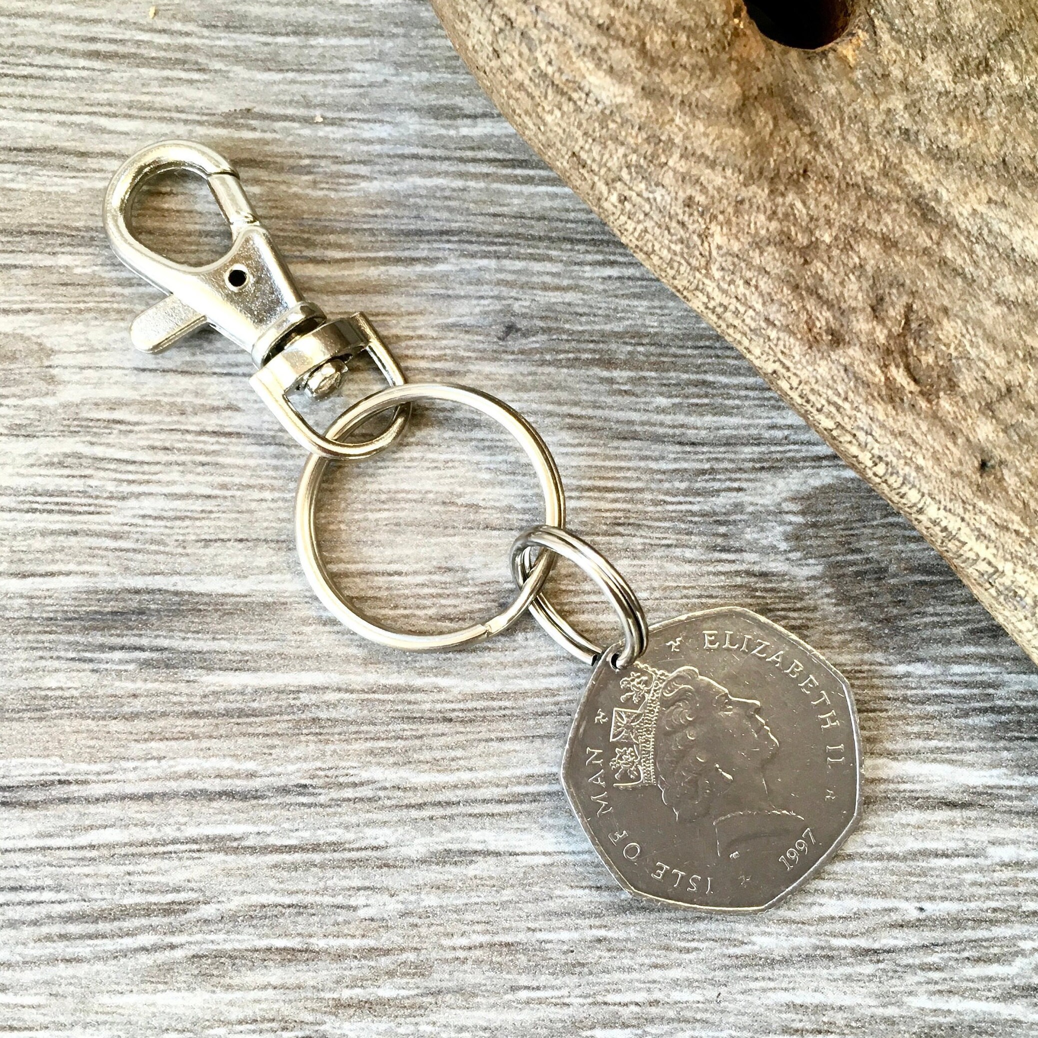Isle of Man TT race keyring, 1997 Manx coin keychain, 24th birthday ...