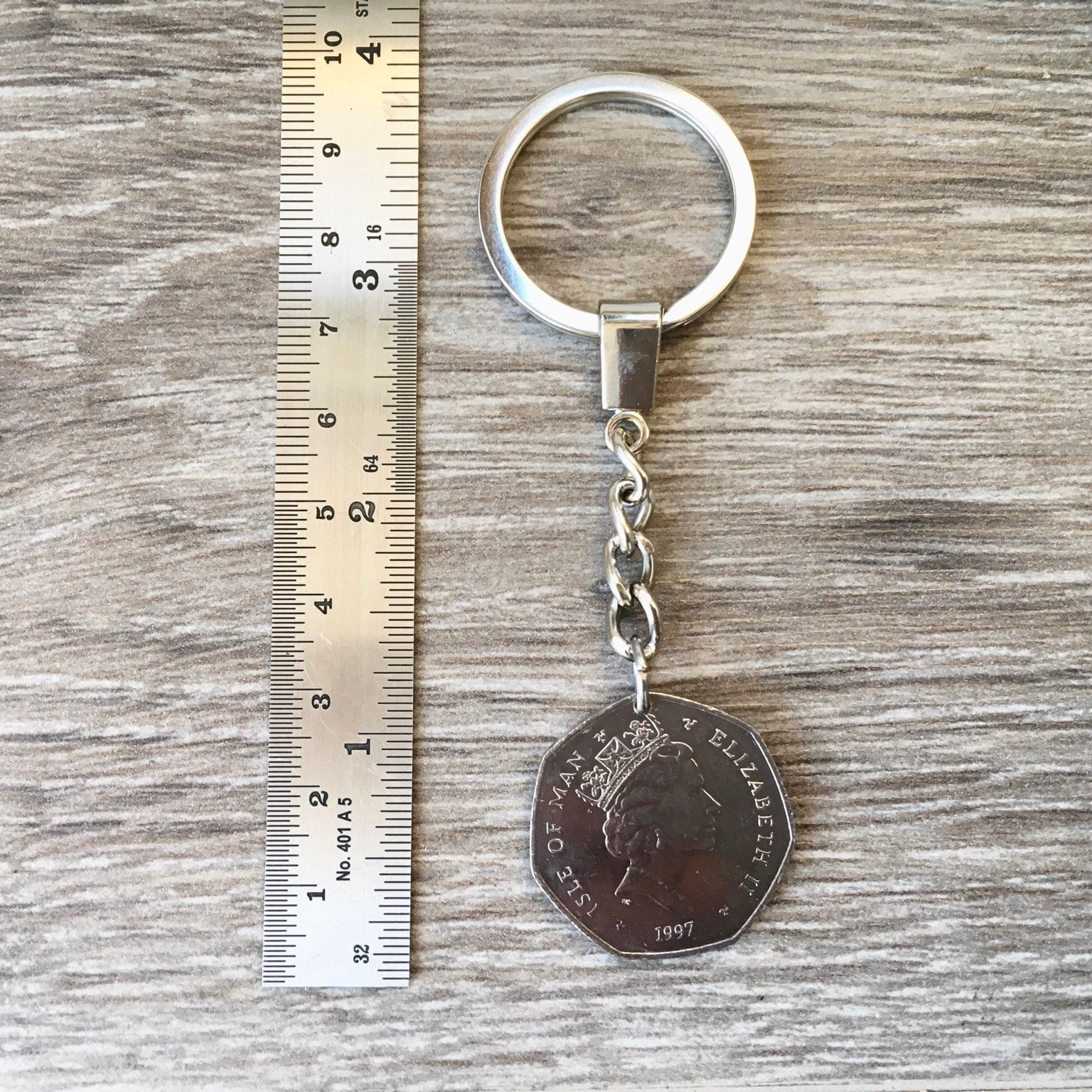 Isle of Man TT race keyring, 1997 Manx coin keychain, 28th birthday ...