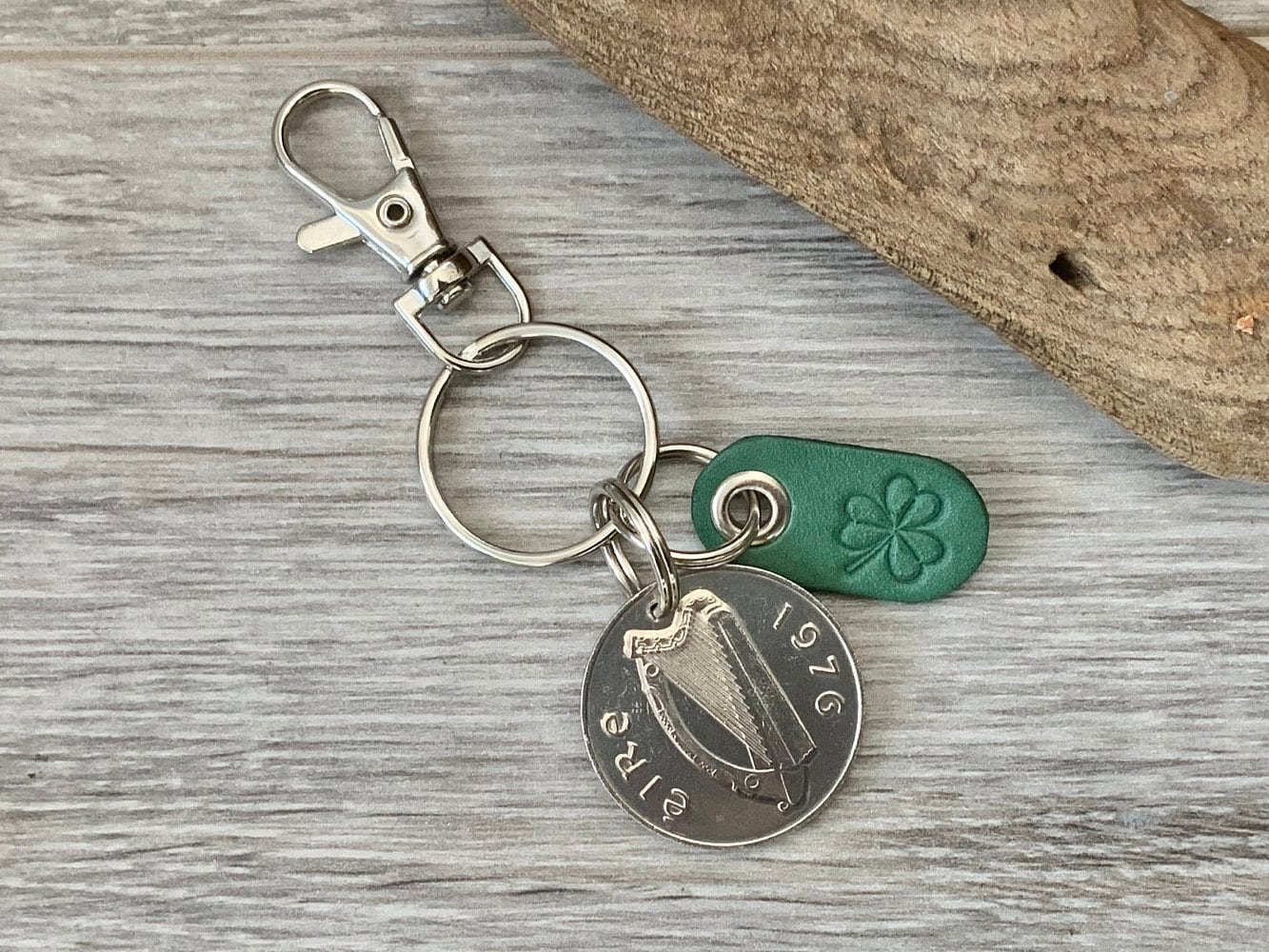 Ireland coin keychain, keyring or clip with a shamrock leather tag ...