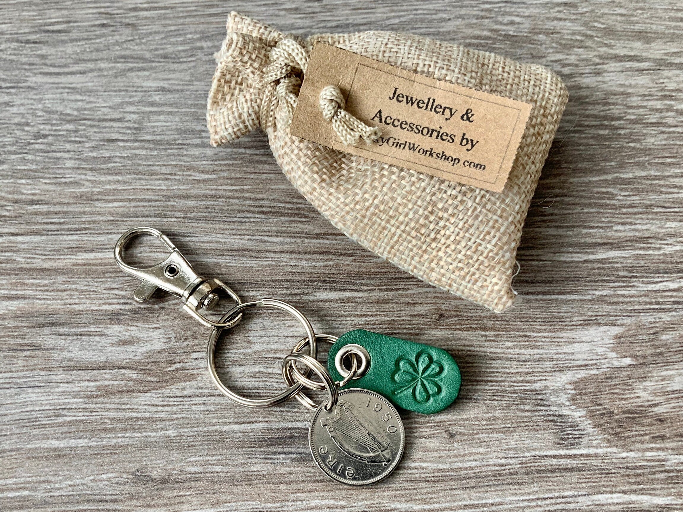 1950 Irish sixpence shamrock keychain, Ireland coin keyring or clip ...