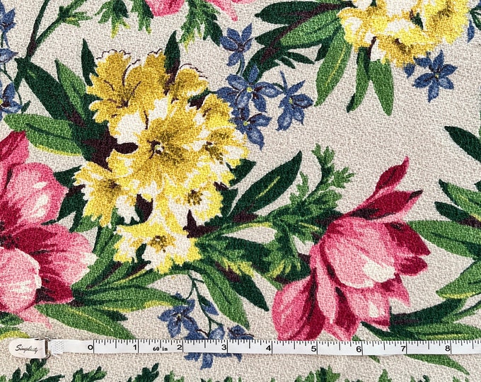 Vintage 40s Bright Floral Double Border Print Pebble Barkcloth Fabric ...