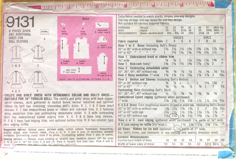 Vintage 1970 Sewing Pattern Simplicity 9131 Girl's Dress Size 4 With ...