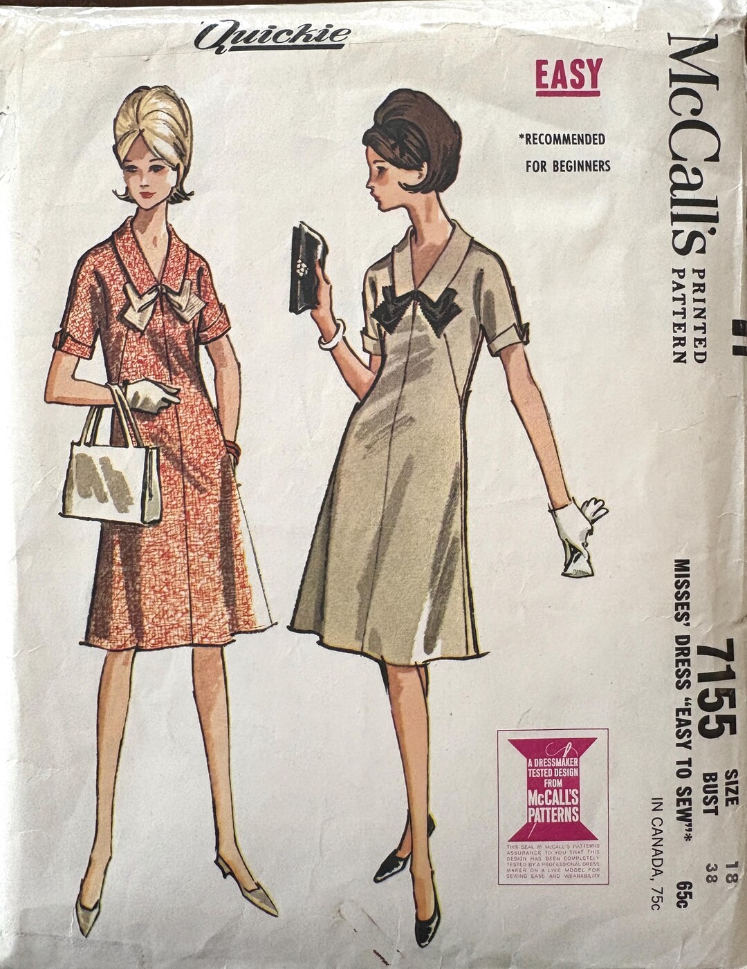 Vintage 1963 Easy V-neck Collared Flare Dress Pattern Mccall's 7155 ...