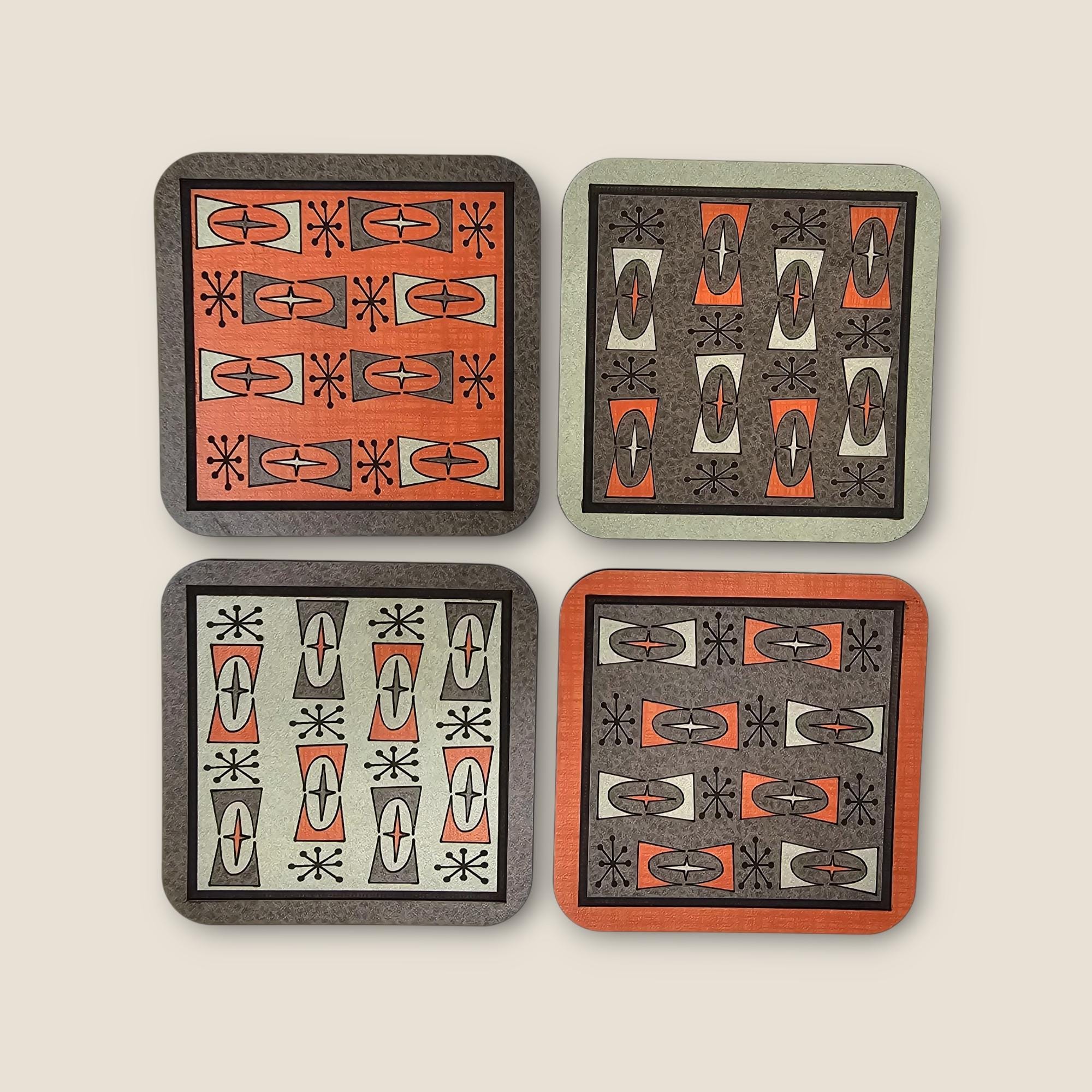 Mid Century Modern Coasters: Starburst Design, Set of 4 With Holder - Etsy