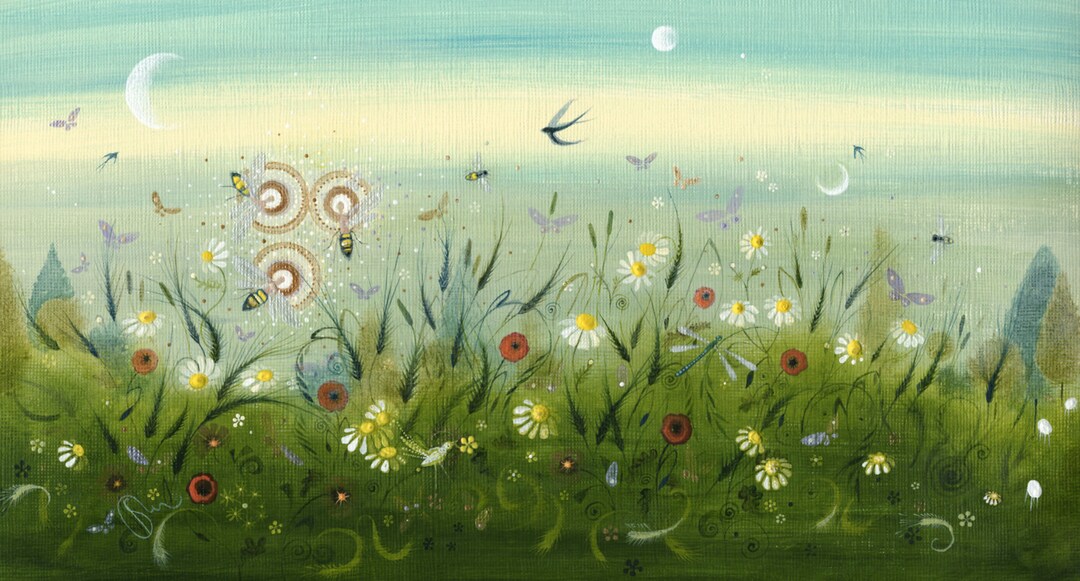 Thriae. on a Clifftop Full of Spring Flowers, Three Half-bee, Half ...