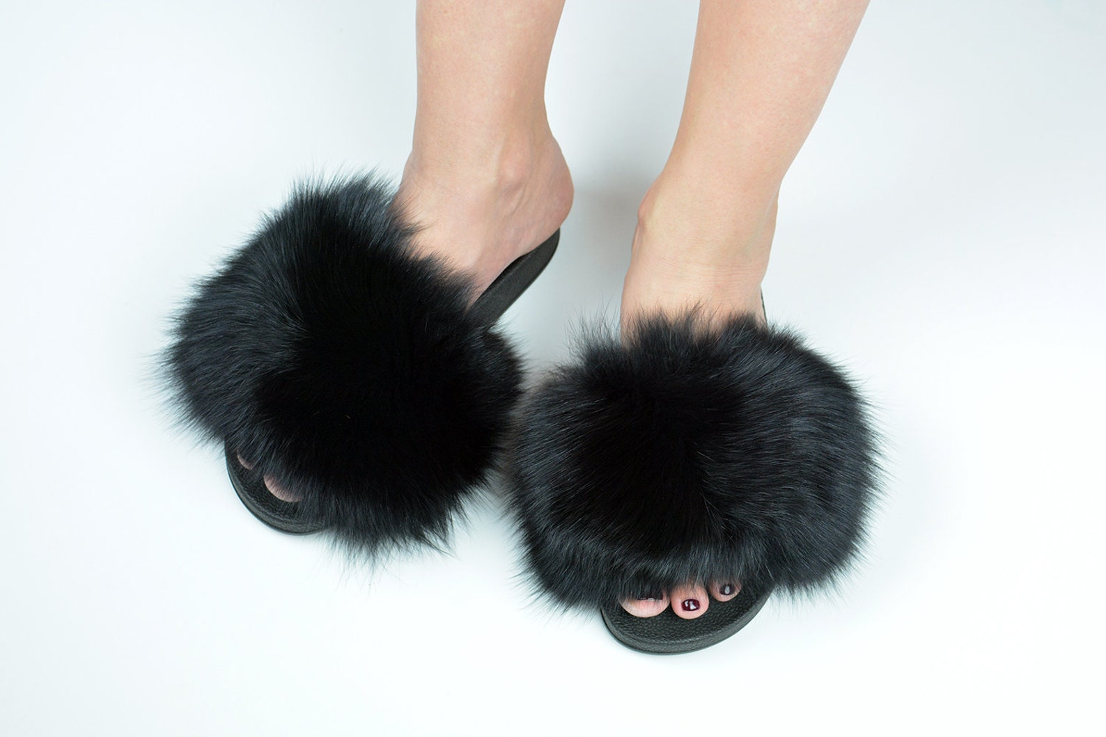 Black Fur Slides for Women Made With Genuine Fox Fur and | Etsy