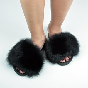 Black Fur Slides for Women Made With Genuine Fox Fur and Rubber Sole ...