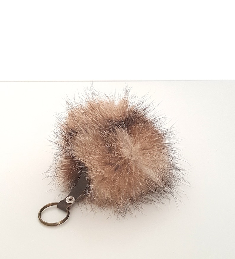 Pom Pom Keychain made with genuine fox fur. Really soft brown | Etsy