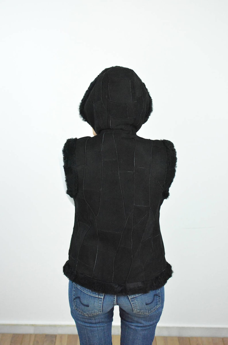 Black Sleeveless Jacket for Women With Hoodie Made of Genuine - Etsy