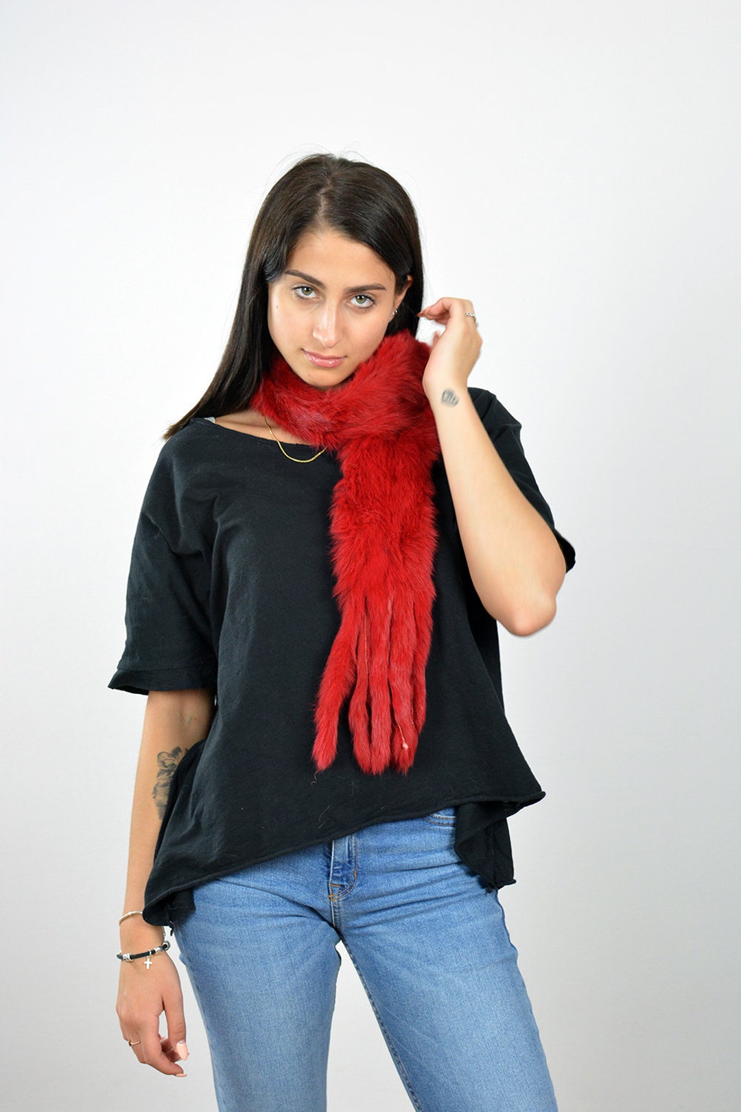 Red Fur Scarf for Women Made With Real Rabbit Fur. Totally Handmade ...