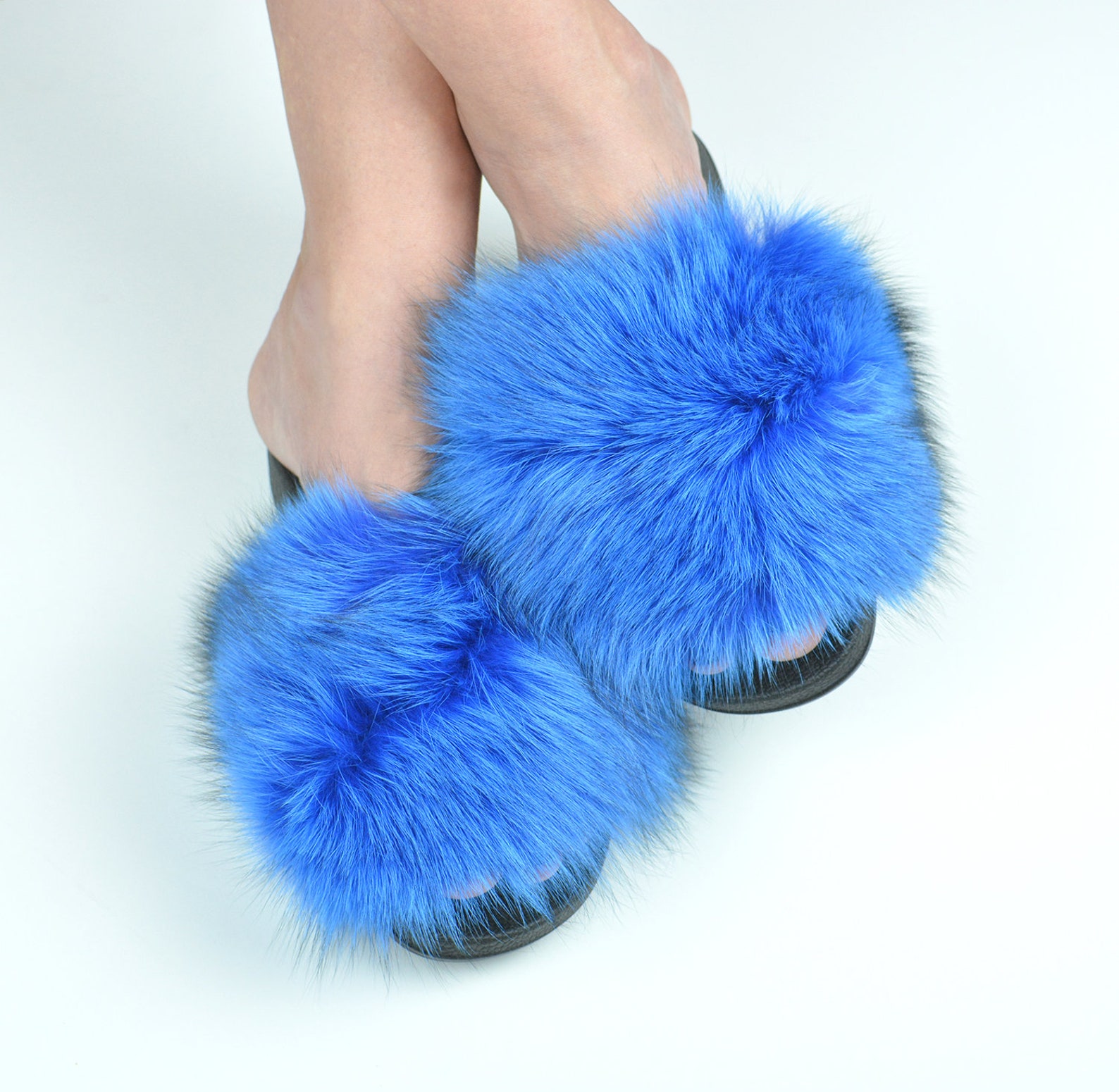 Women Fur Slides Made With Genuine Blue Fox Fur and Rubber Sole ...