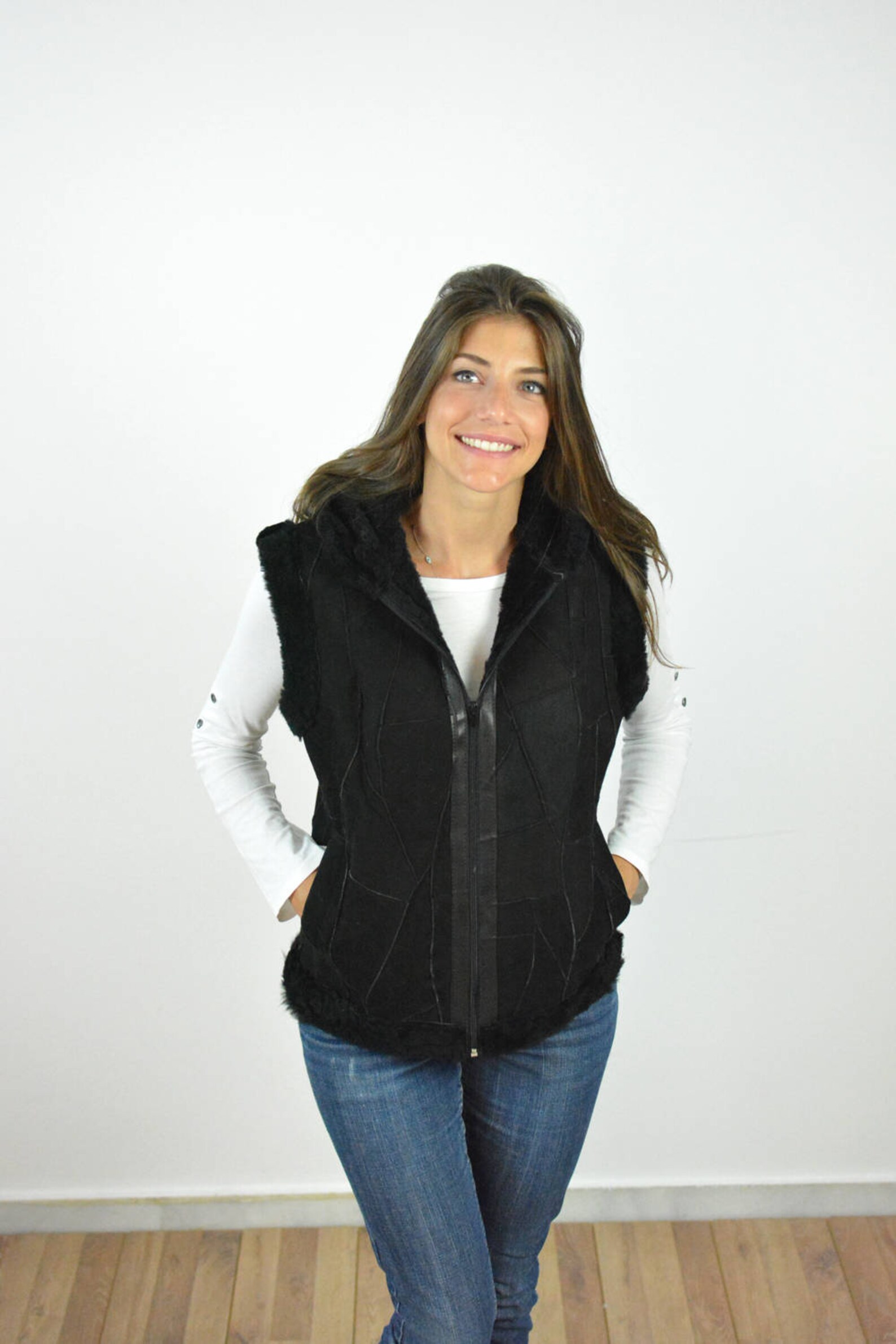 Black Sleeveless Jacket for Women With Hoodie Made of Genuine - Etsy