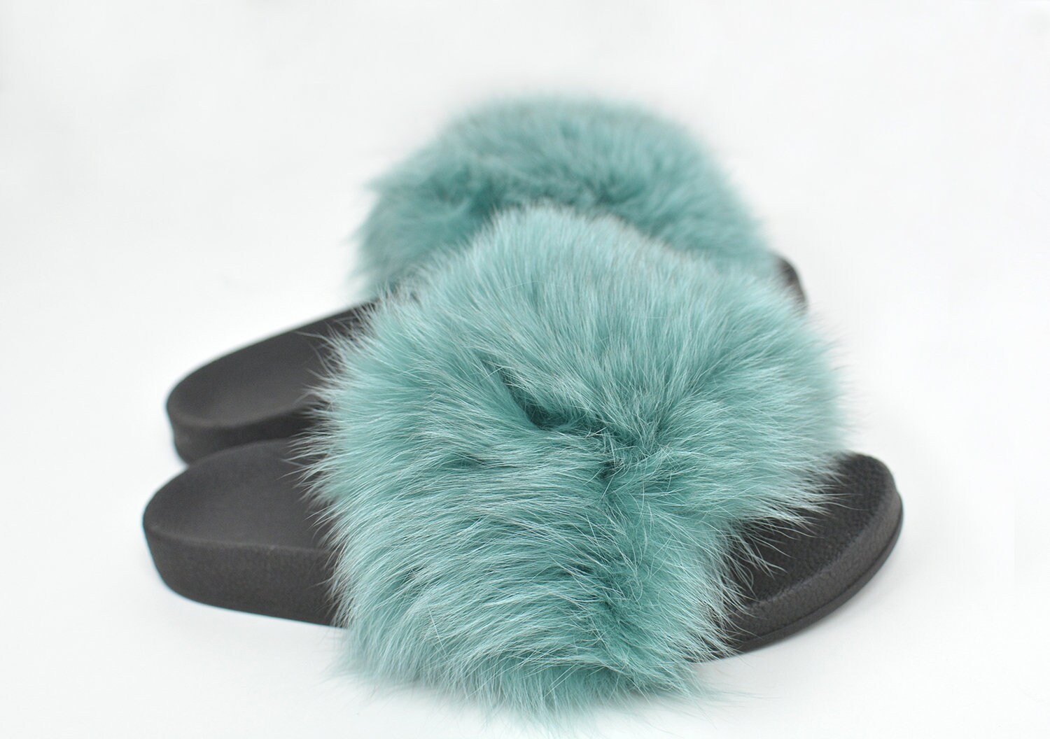 Women slides made with genuine green fox fur and rubber sole. | Etsy