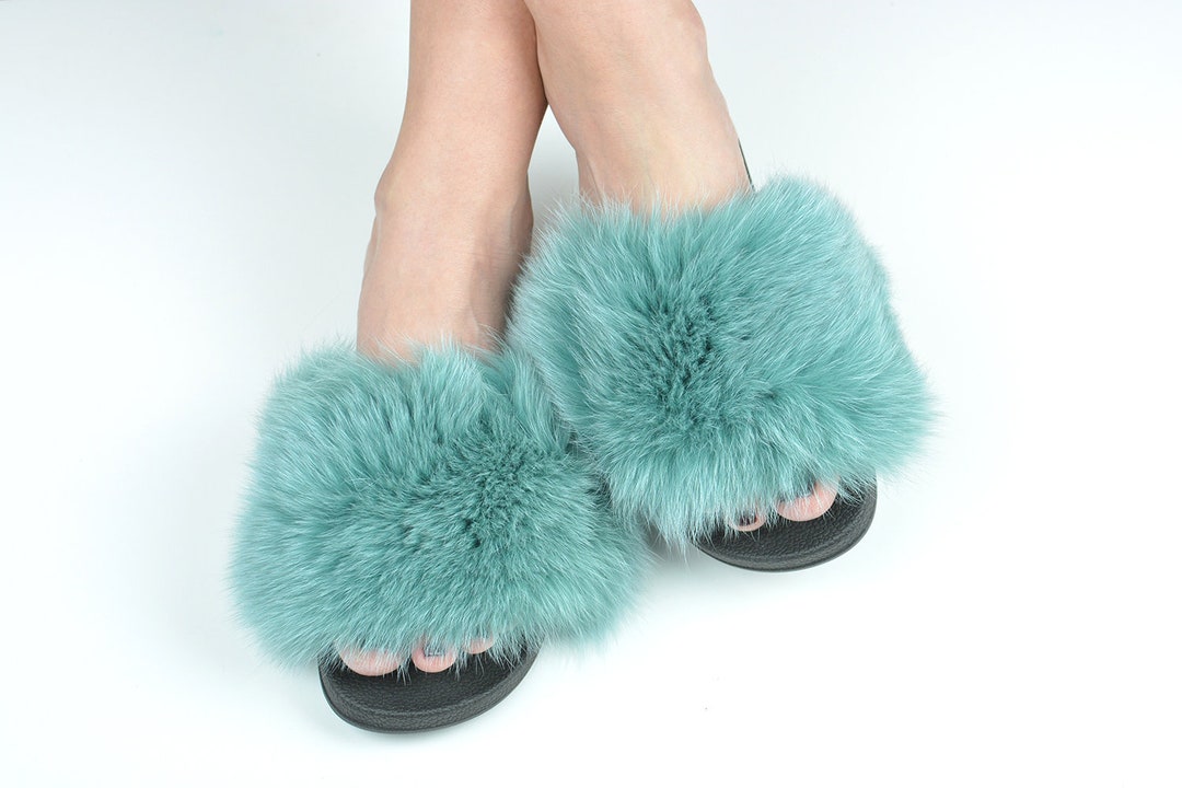 Women Slides Made With Genuine Green Fox Fur and Rubber Sole. Handmade ...