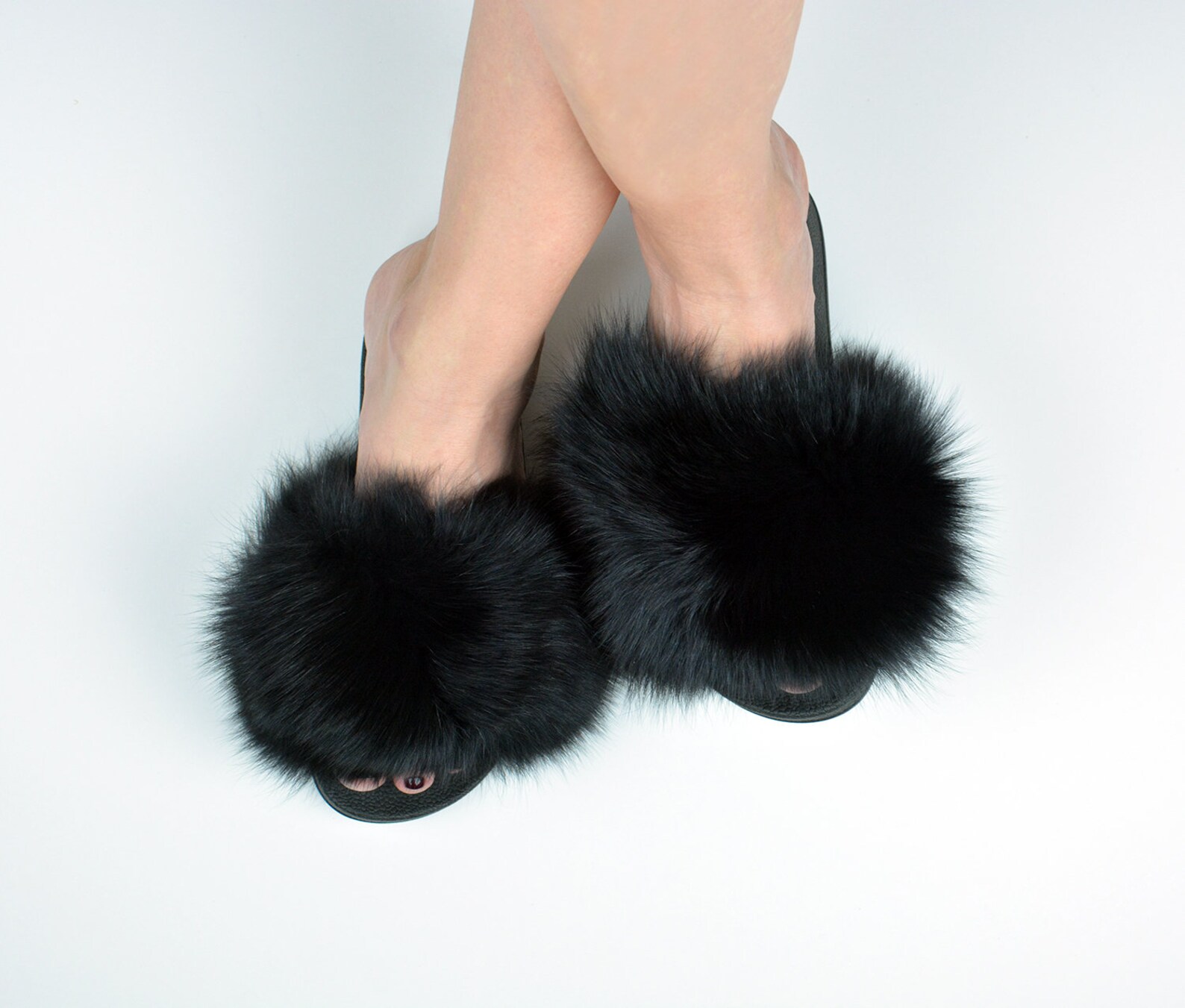 Black Fur Slides for Women Made With Genuine Fox Fur and | Etsy