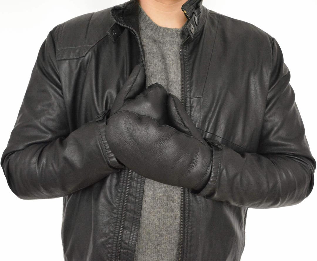 Men Leather Mittens Made With Black Sheepskin Leather and Inner Soft ...