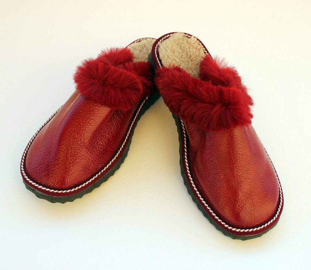 Women Slippers Made of Red Leather on Top and White Fur on Bottom for ...