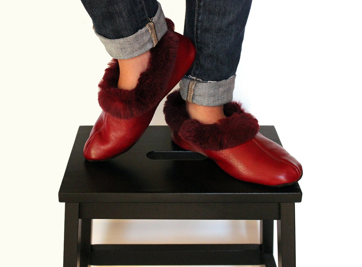 Women Shoe Slippers Made of Red Leather and White Fur Inside for Extra ...