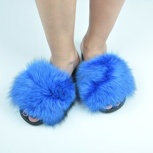 Women Fur Slides Made With Genuine Blue Fox Fur and Rubber Sole ...