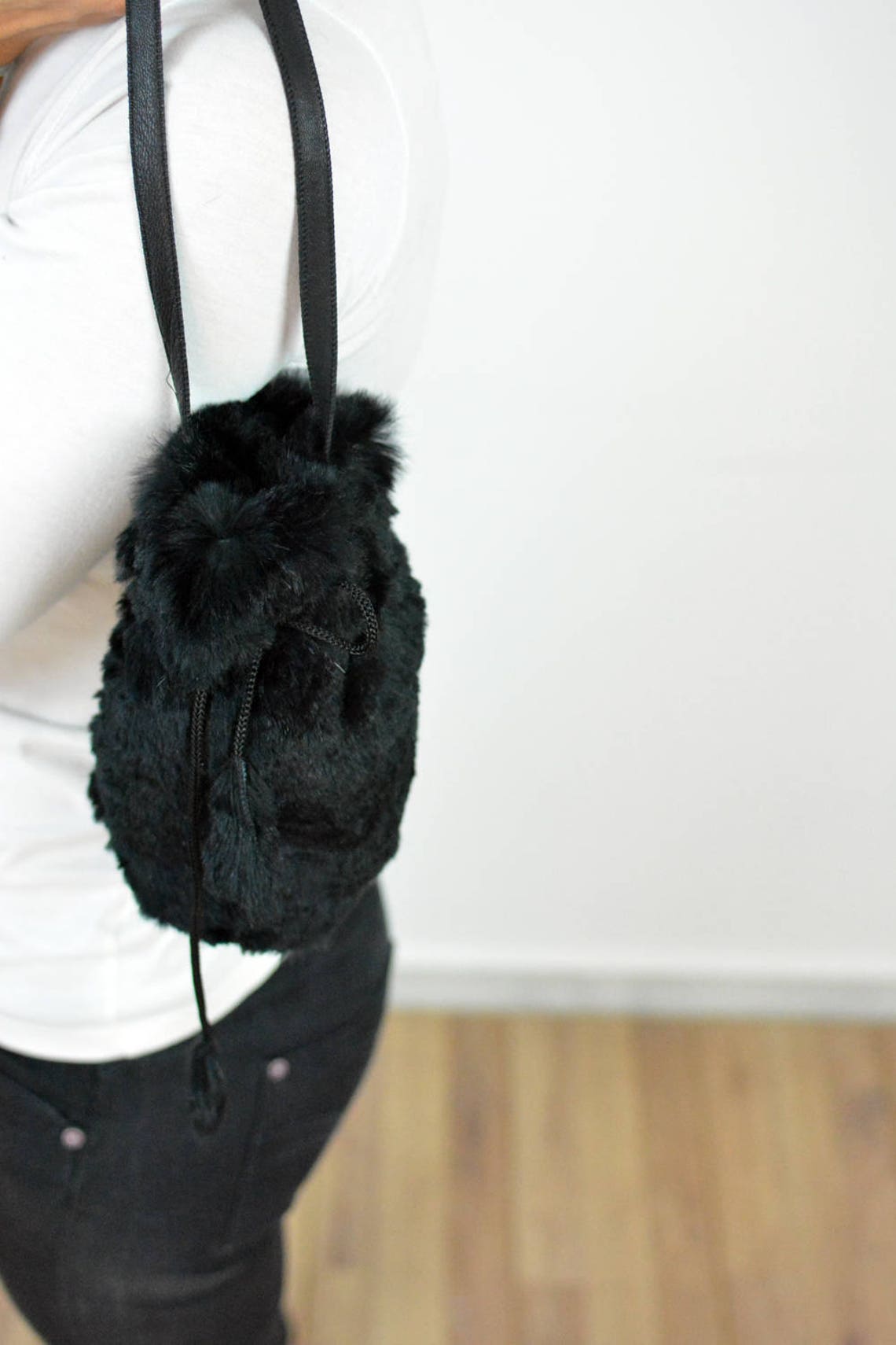 Pouch Bag for Women Made With Real Black Rabbit Fur and | Etsy