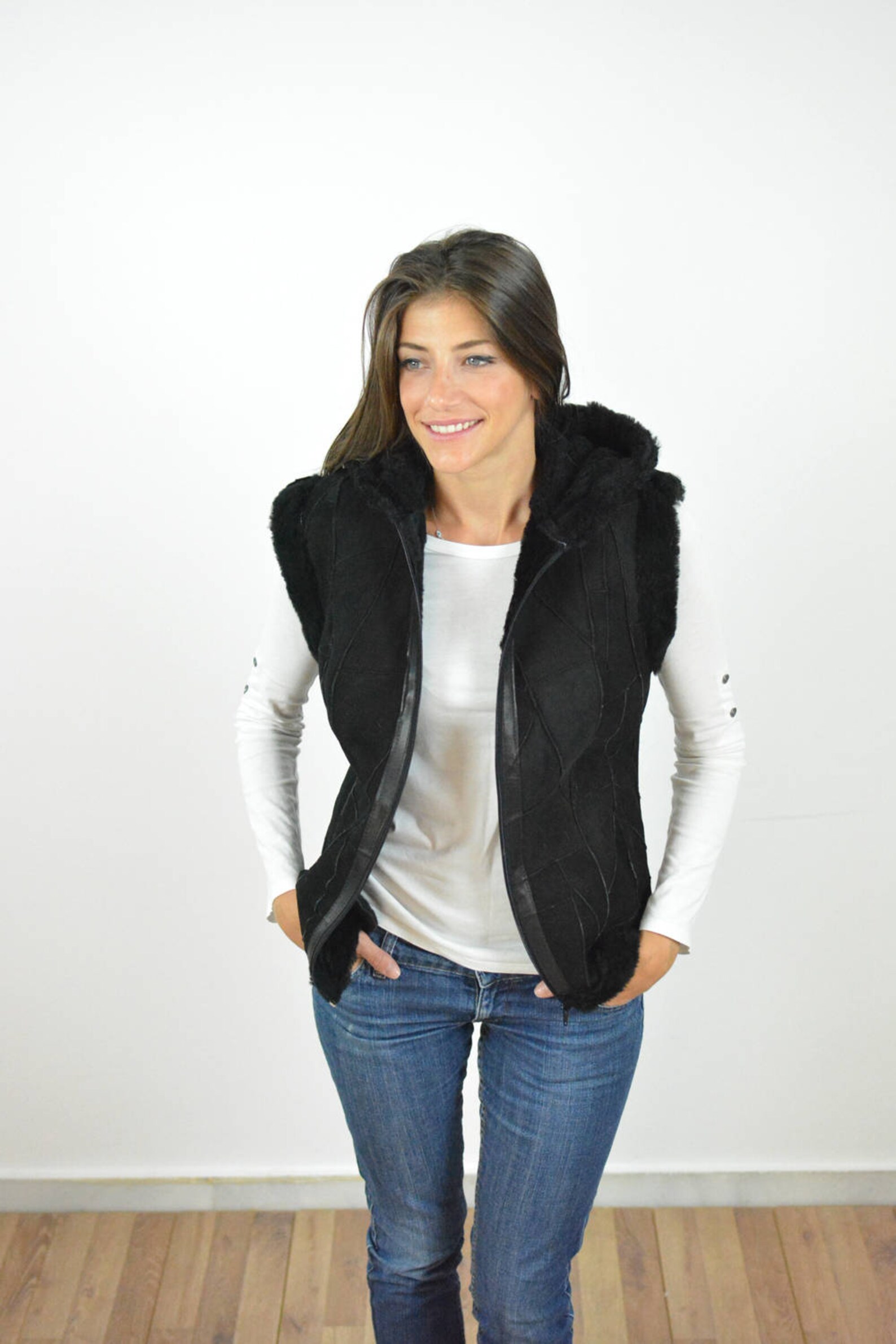 Black Sleeveless Jacket for Women With Hoodie Made of Genuine - Etsy